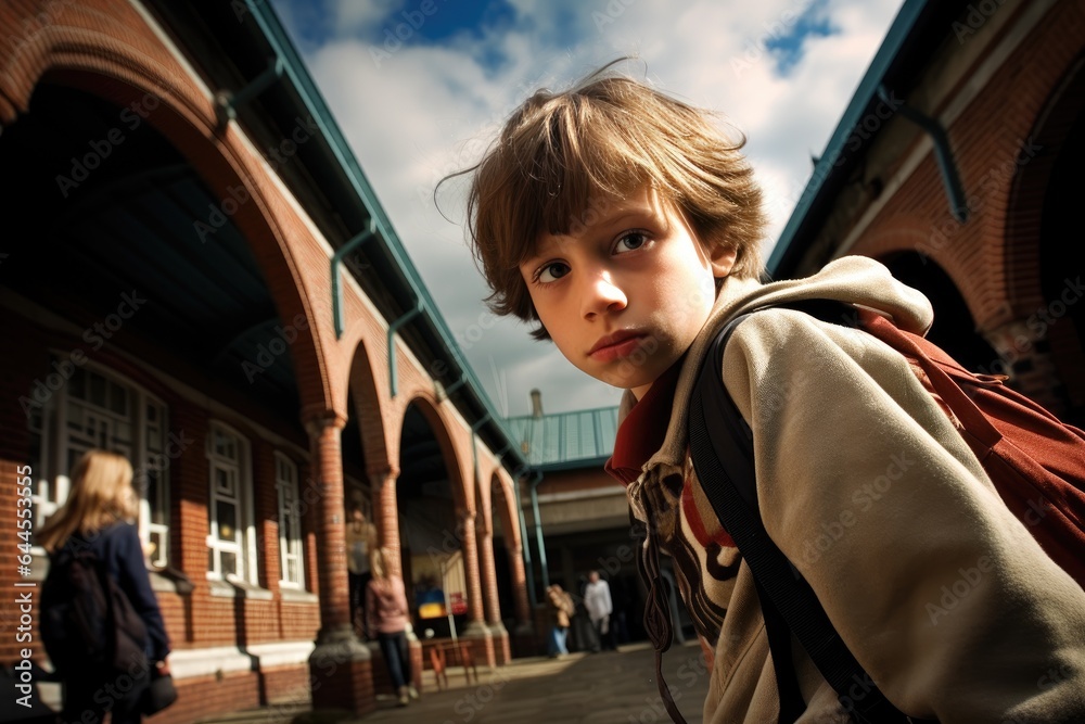 Schoolboy with sad face on his shoulders, who hangs brown school bag ...
