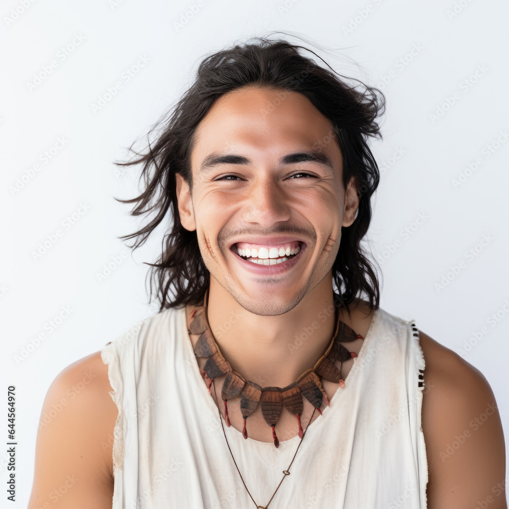A young, good-looking Native American man smiles against a solid white ...