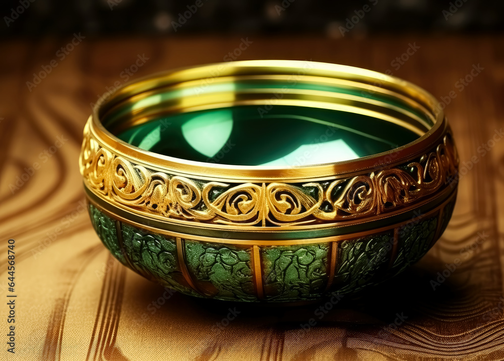Gold traditional Arabic bowl design with tassel gold, emerald green and ...