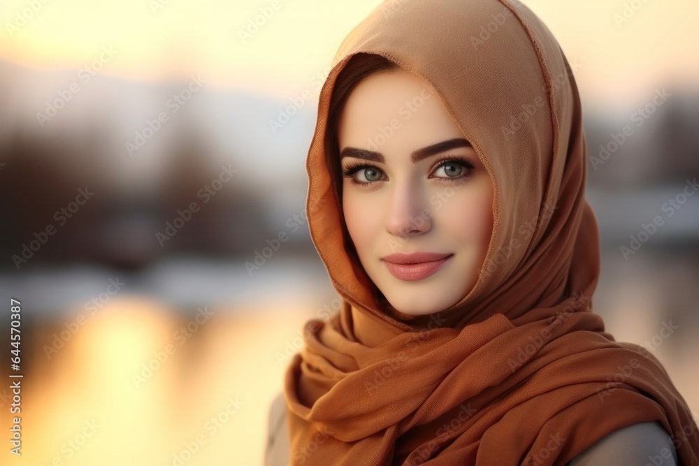 Beautiful arabic woman face portrait. Smiling muslim woman in hijab ...