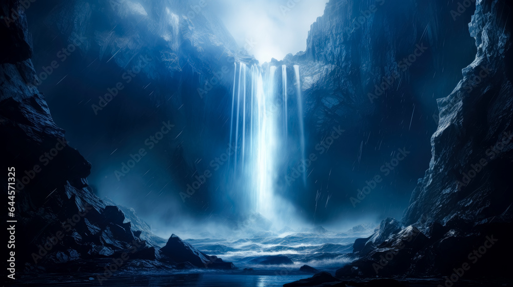 Blue waterfall is coming out from a dark background, blue light coming ...