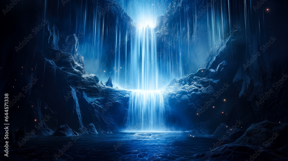 Blue waterfall is coming out from a dark background, blue light coming ...