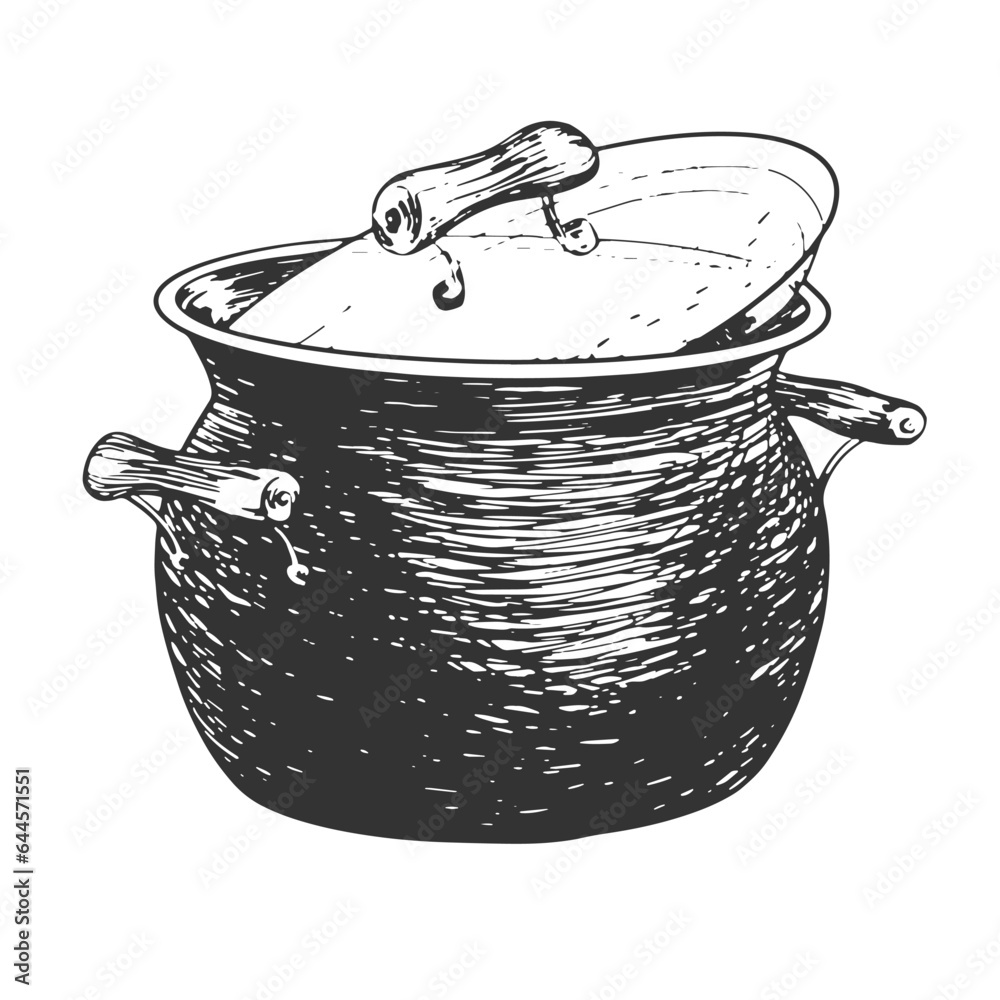 Engraving style cooking pot with lid on white background. Sketch style ...