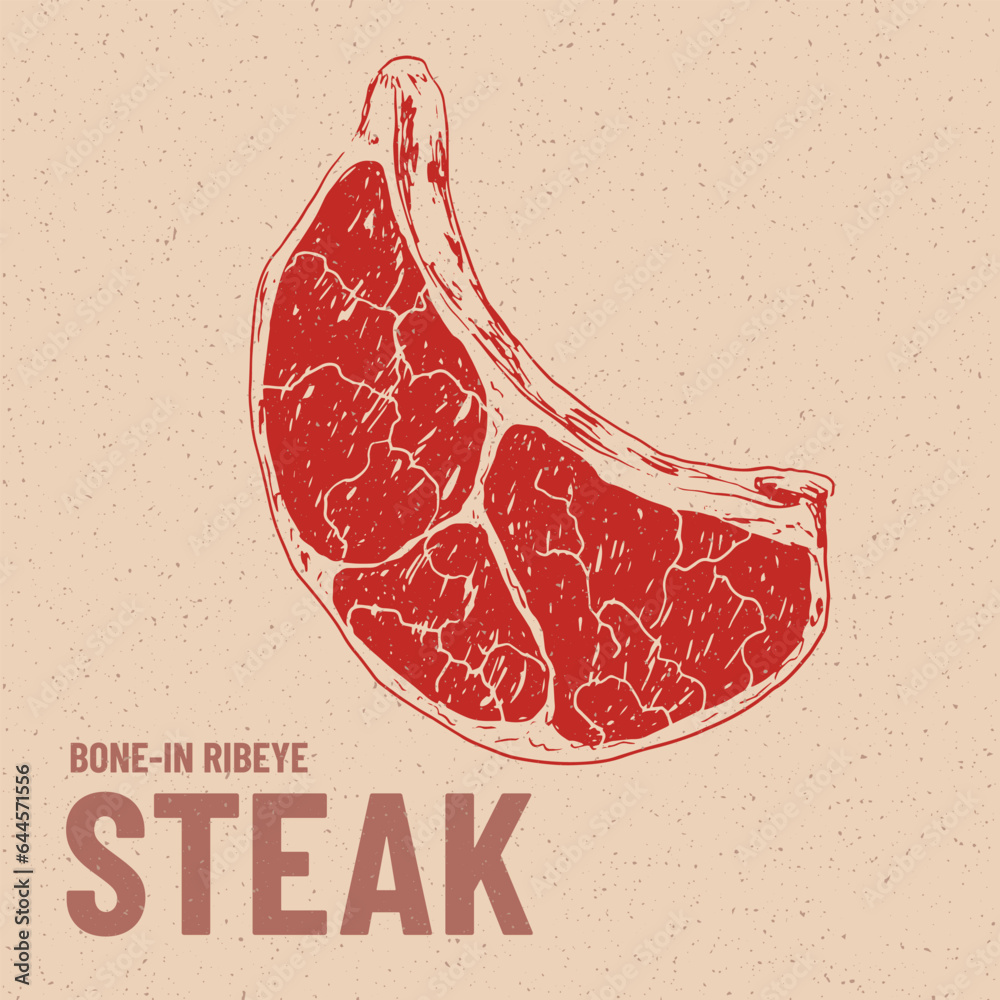 Bone in ribeye steak illustration. Raw red meat. Sketch style steak ...