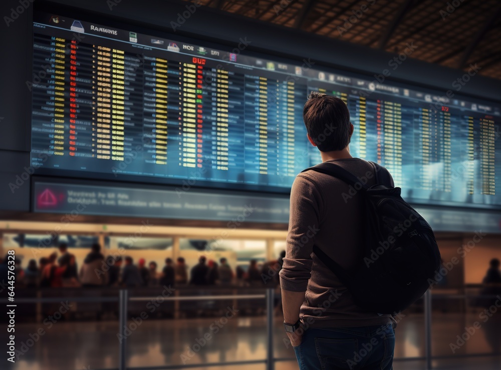 Young man looking at arrival and departure information display looking ...