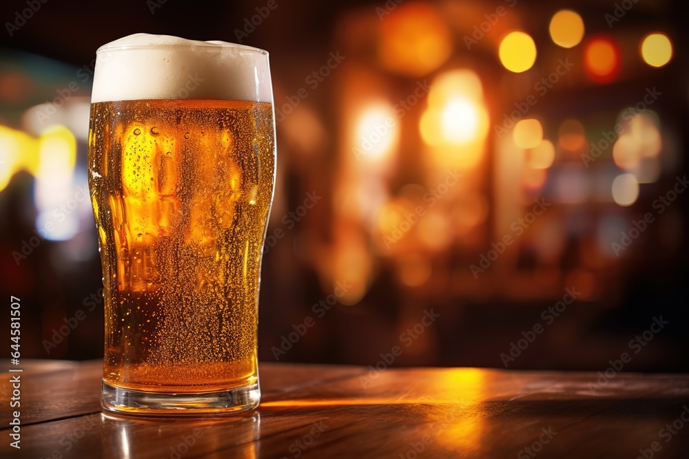 Bier in der Bar oder im Restaurant auf einen Tisch. Unscharfer ...