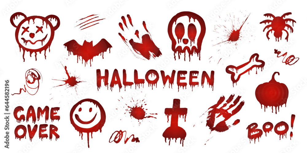 Bloody elements. Blood collection. Happy Halloween decoration.Splashes ...