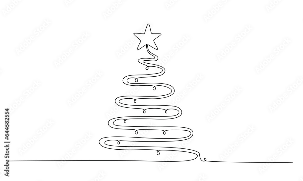 Christmas tree - hand drawing one single continuous line. Vector stock ...