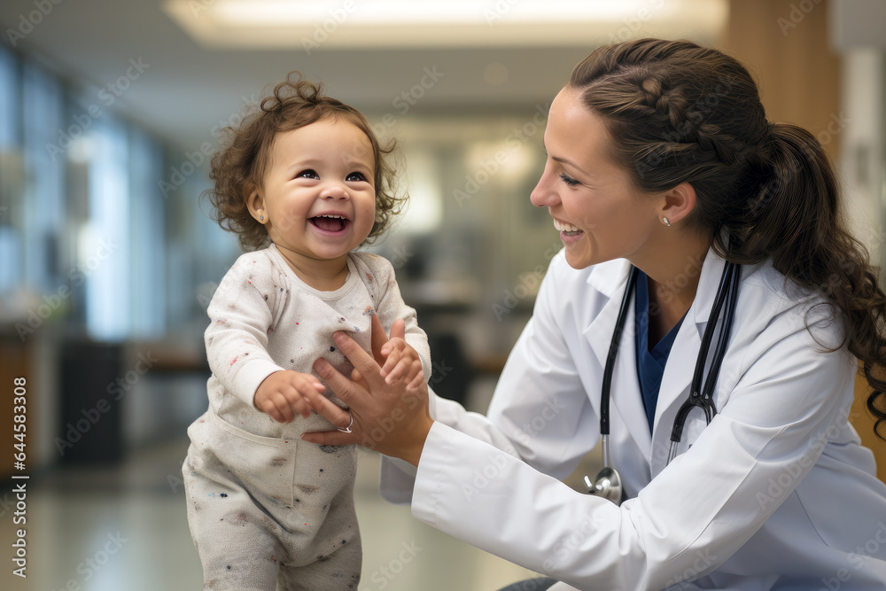 Latin hispanic female doctor examining child patient in hospital ...