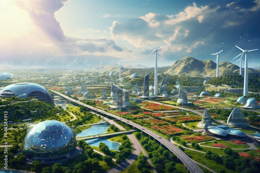 Eco city with wind turbines and green meadows. 3D rendering, Aerial ...