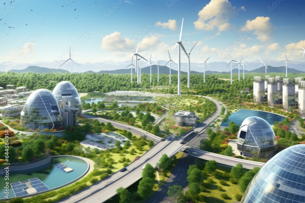 Eco city with wind turbines and solar panels. 3d rendering, Aerial view of a sustainable city ...
