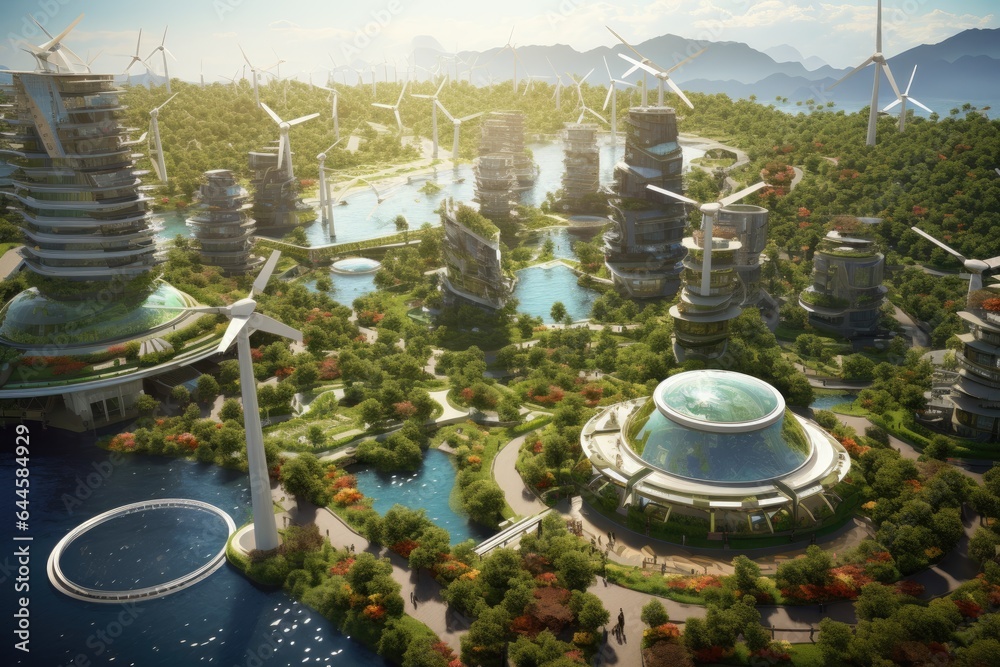 3d Rendering Of Futuristic City With Wind Turbines And Solar Panels