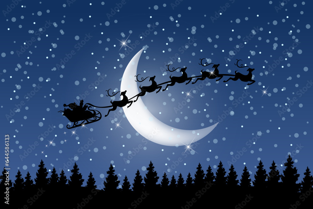 Night sky with Santa Claus flying in sleigh with reindeer. Silhouette of Santa flying over in ...