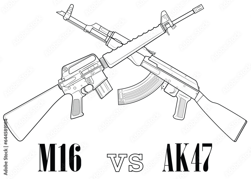 Vector illustration of two crossed rifles, american M16 and soviet AK47 ...