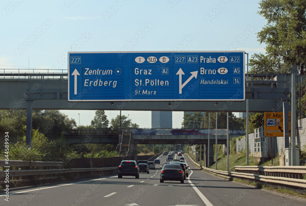 Poster Road signs in Austria to reach the border and various European ...