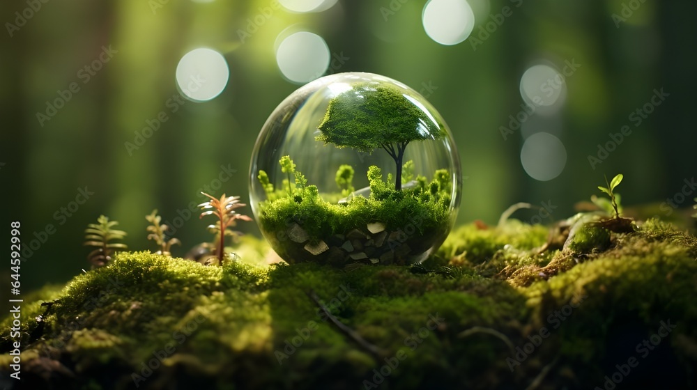 Le globe en verre représente la terre, une sphère verte où la nature et les arbres prédominent ...