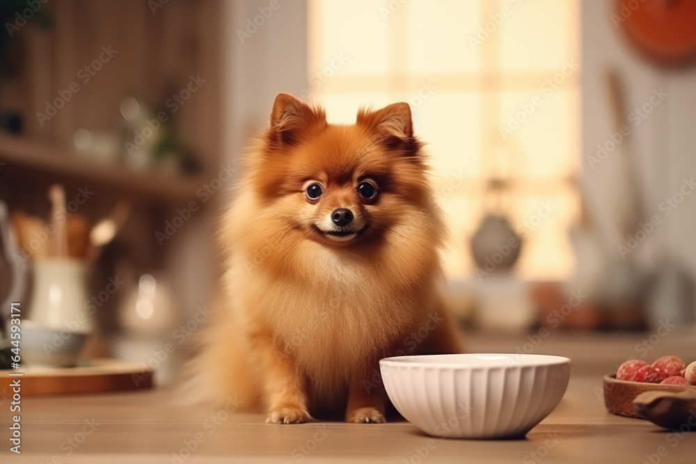 Full body front view portrait beautiful fluffy red mini dog breed ...