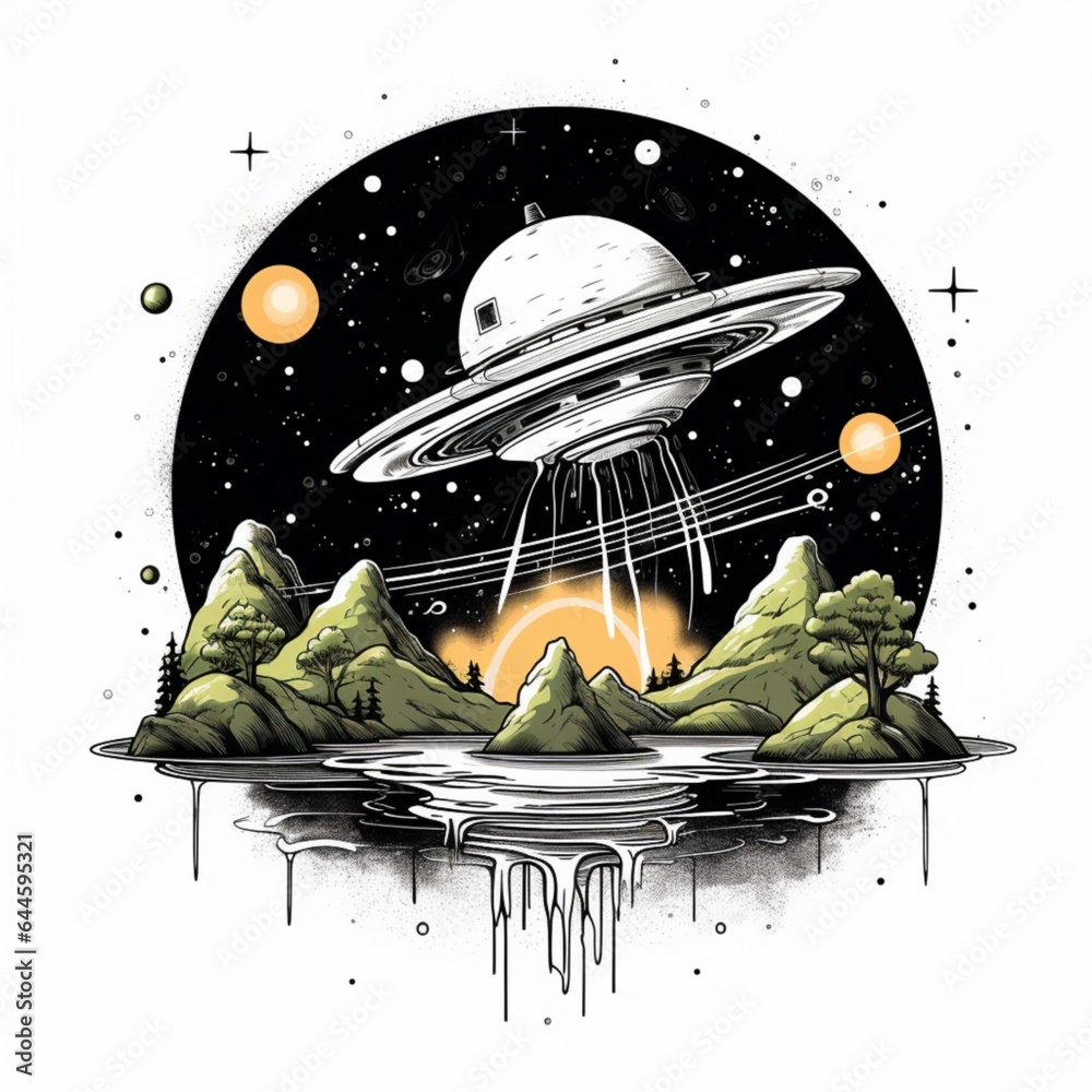 alien spaceship, flying through solar system, outlined, white ...