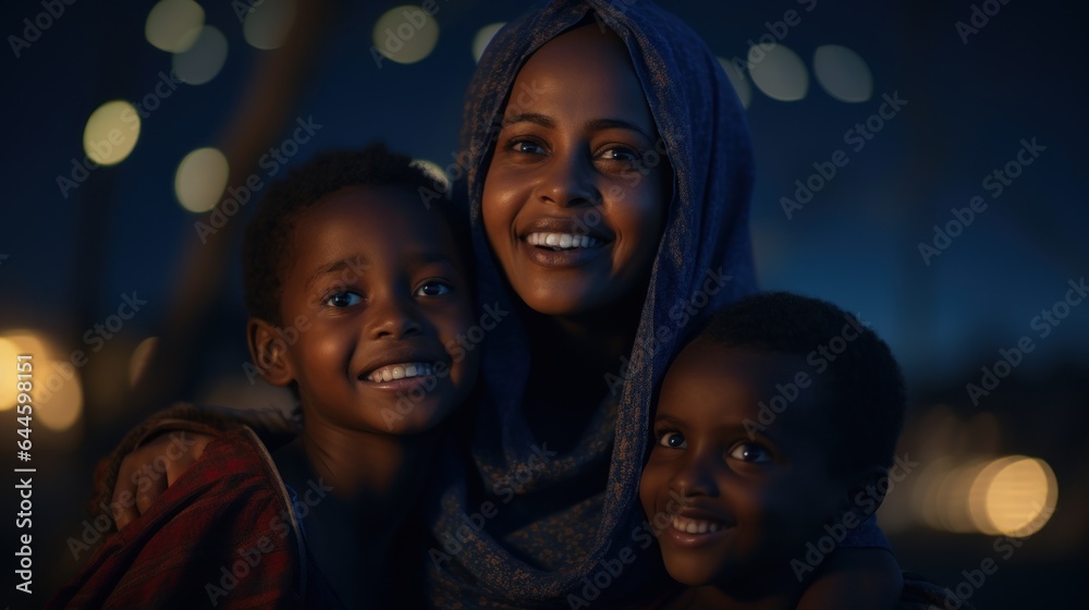 Somali mother embracing her sons with a wide, joyful smile. Stock Photo ...