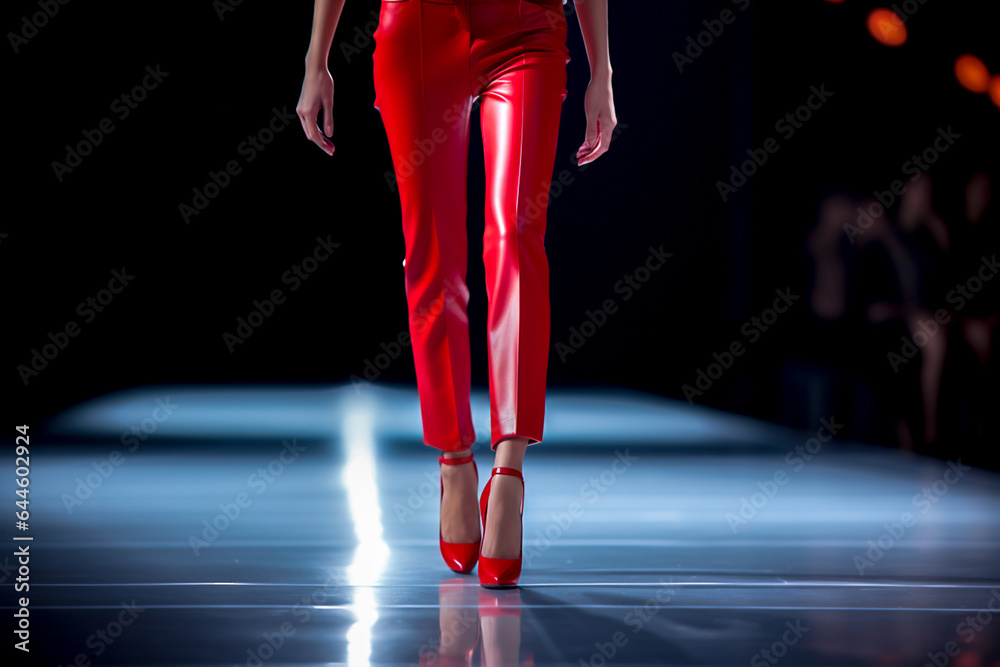 Female slim fashion model in red stylish leather pants and high heels ...