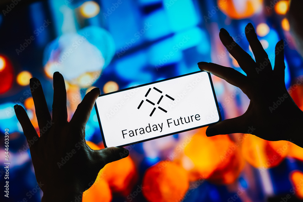 September 6, 2023, Brazil. In this photo illustration, the Faraday Future logo is displayed on a ...