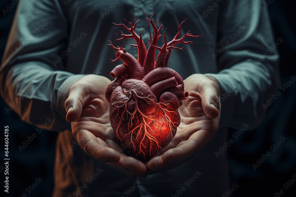 Biological anatomical human heart in the hands of a man. A man ...