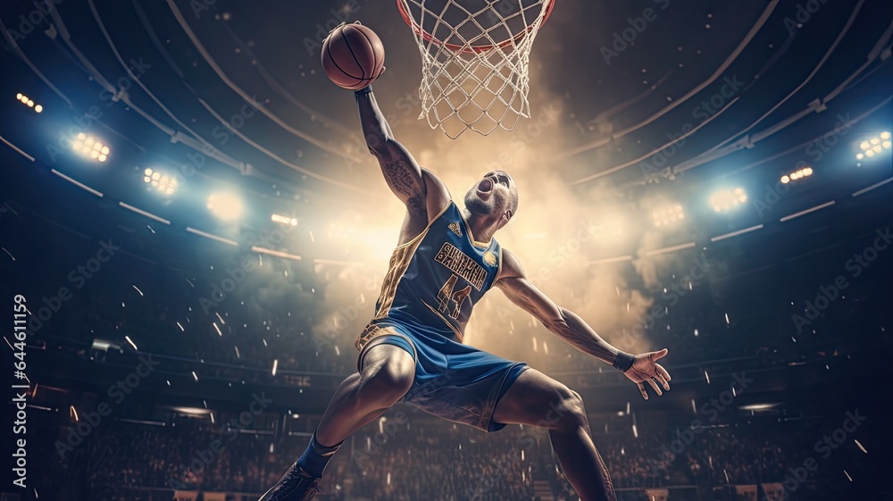 the intense moment of a basketball player soaring through the air ...