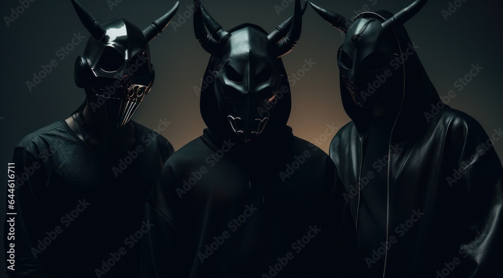 A dark, mysterious group of batman fans wearing black masks stand ...