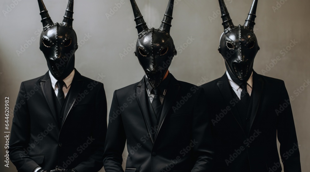 A group of mysterious men in black suits and masks stand in stark ...