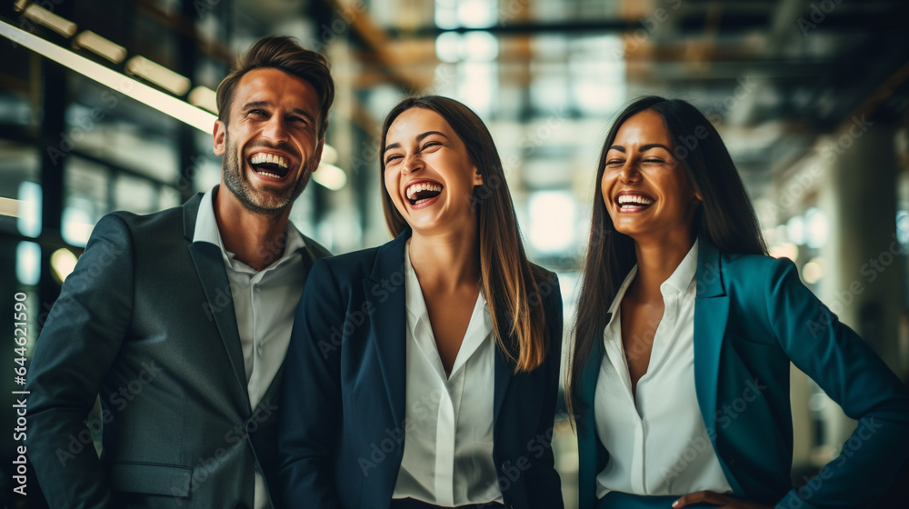 A successful business team of three members shares laughter while ...