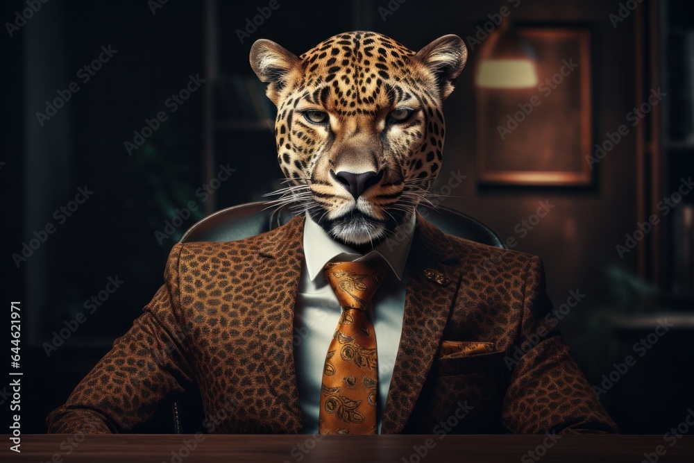 In a stately stance, a leopard stands indoors, wearing a suit that only ...