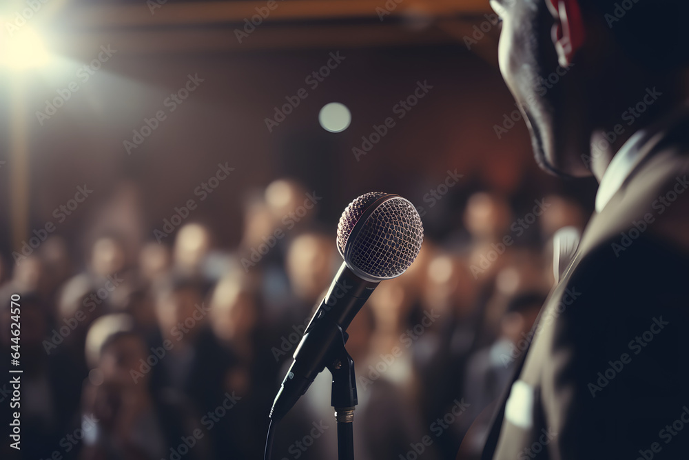 speaker man holding microphone speaking on stage in front of audiences ...
