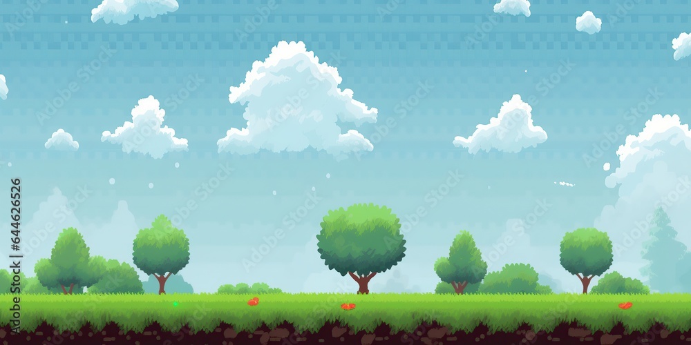 Pixel art arcade game scene with trees, clouds, board, stones, 8bit background. Tree and bush ...