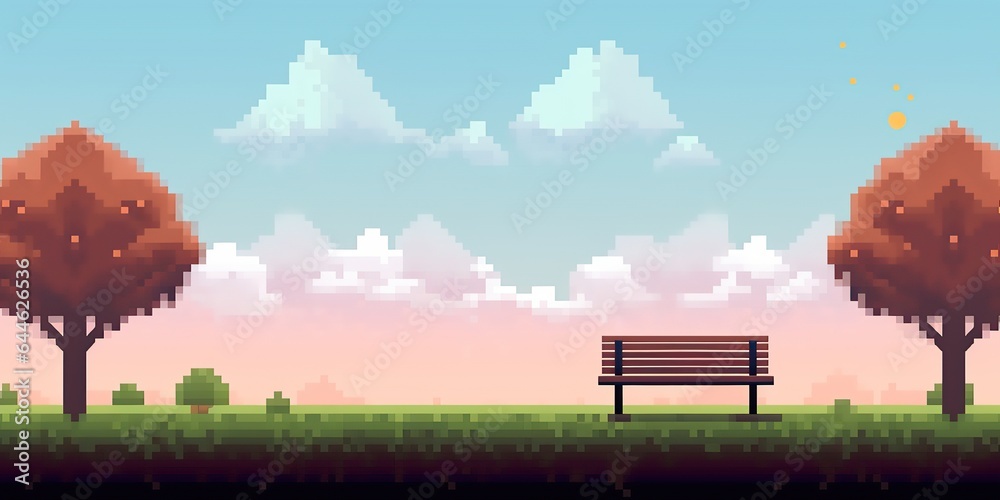 Pixel art arcade game scene with trees, clouds, board, stones, 8bit background. Tree and bush ...