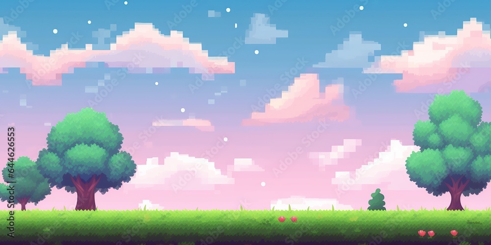 Pixel art arcade game scene with trees, clouds, board, stones, 8bit background. Tree and bush ...