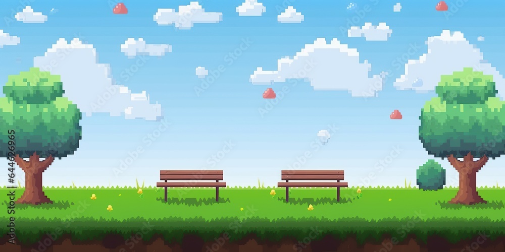 ภาพประกอบสต็อก Pixel art arcade game scene with trees, clouds, board ...