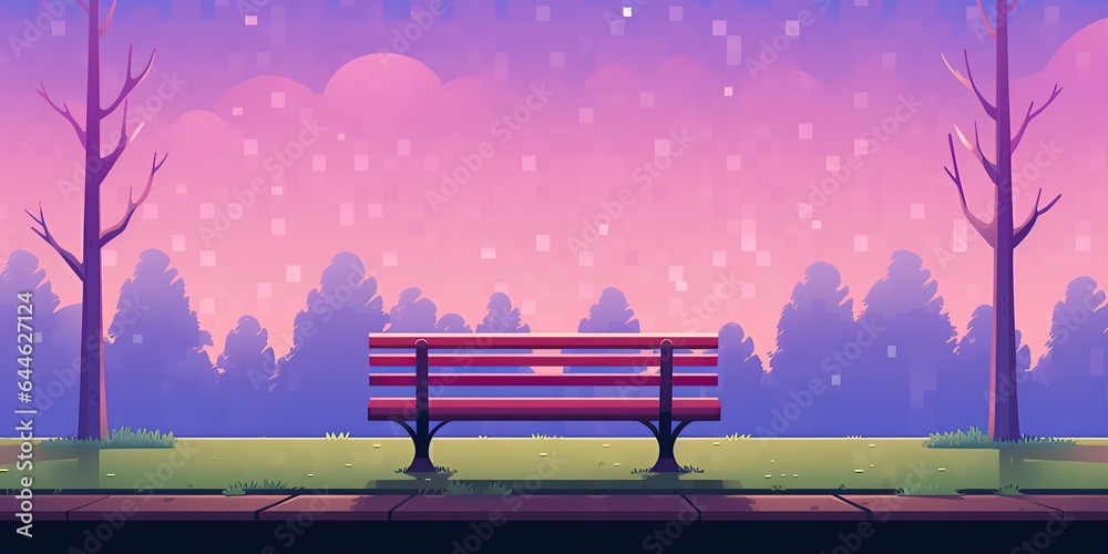 Pixel art arcade game scene with trees, clouds, board, stones, 8bit ...