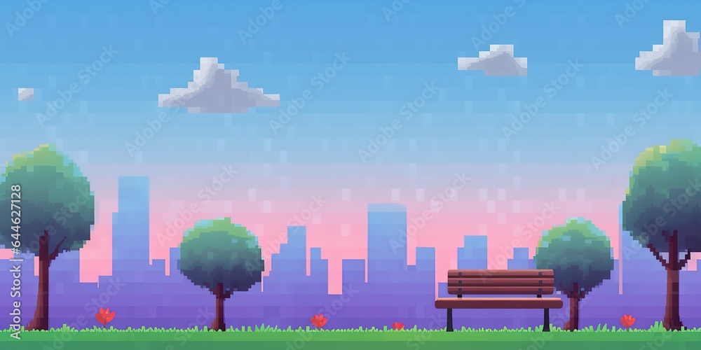 Pixel art arcade game scene with trees, clouds, board, stones, 8bit ...