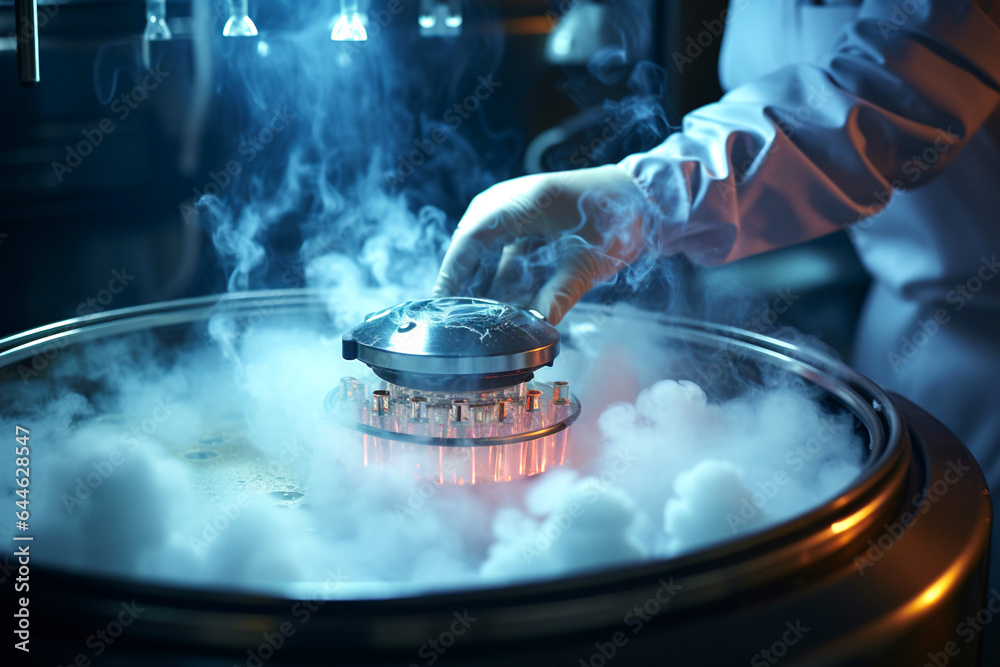 Close-up hand working with liquid nitrogen from cryogenic tank at ...