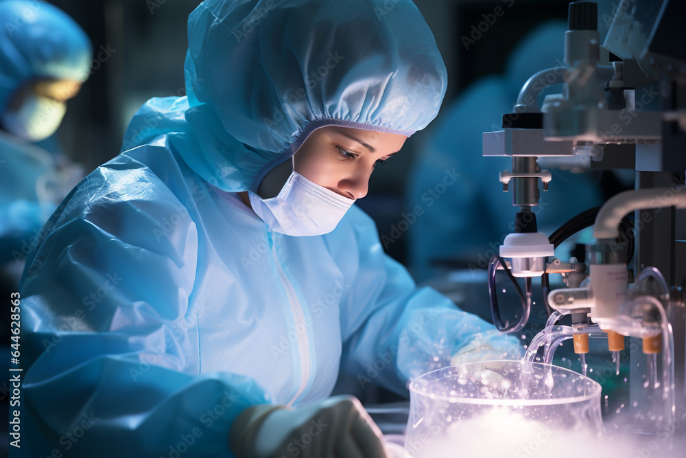 Female worker works with liquid nitrogen cryostorage in medical lab at ...