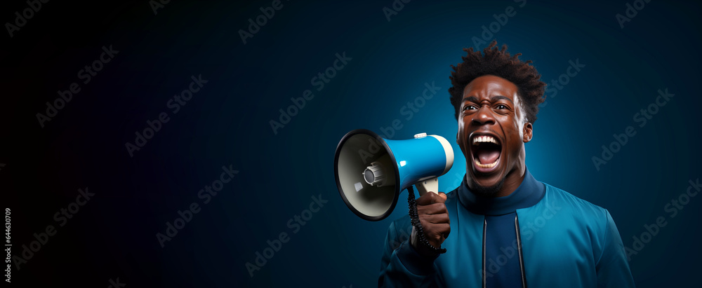 Afro american male man screaming in megaphone loudspeaker on studio ...