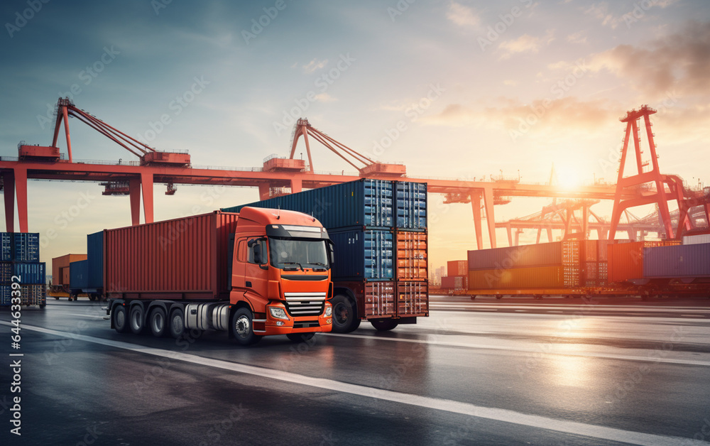 Container truck in ship port for business Logistics and transportation ...