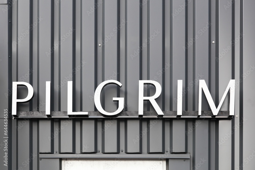 Foto de Skanderborg, Denmark - July 17, 2019: Pilgrim logo on a buiding ...