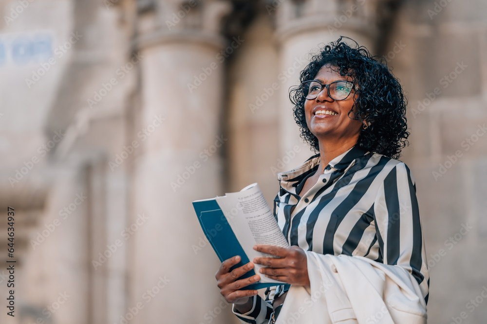 travel tourist woman with guidebook or map on the street Stock Photo ...