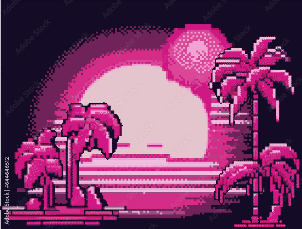 Synthwave retro 8-bit pixel art landscape with palms and moon in neon ...
