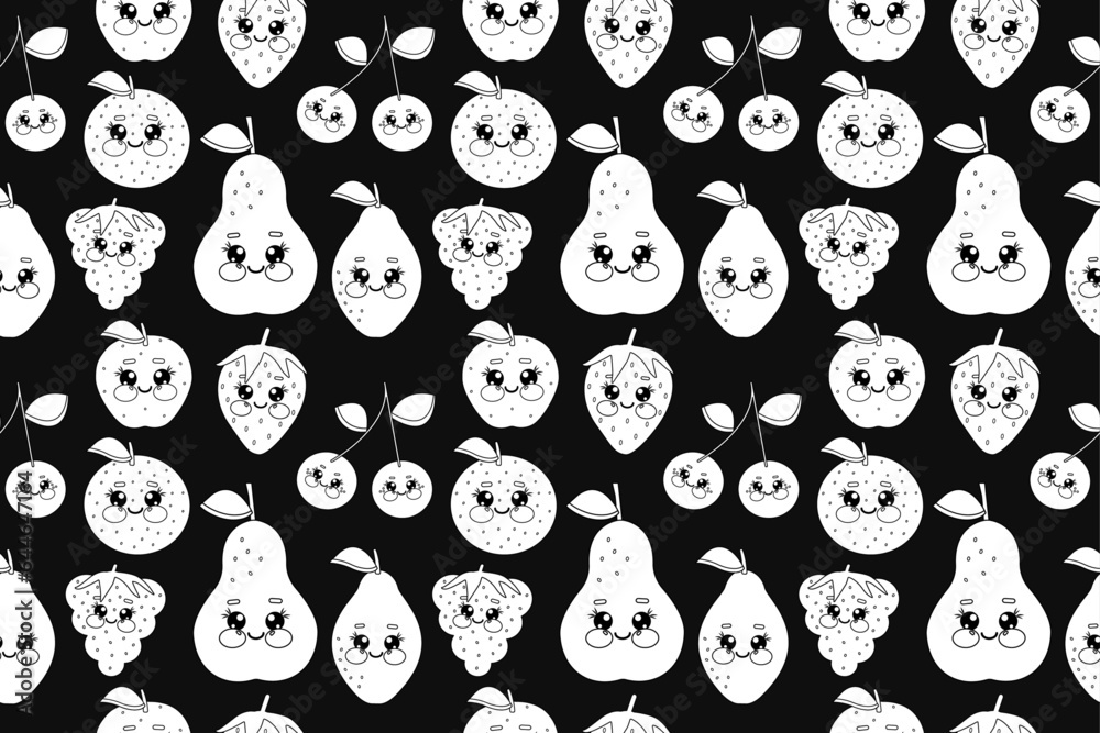 Cute kawaii fruits seamless pattern for kids on black background ...