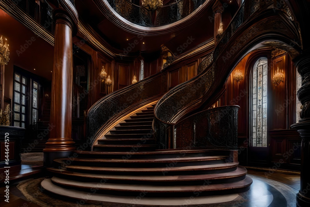 The opulent design of a mansion's grand staircase, with a sweeping ...
