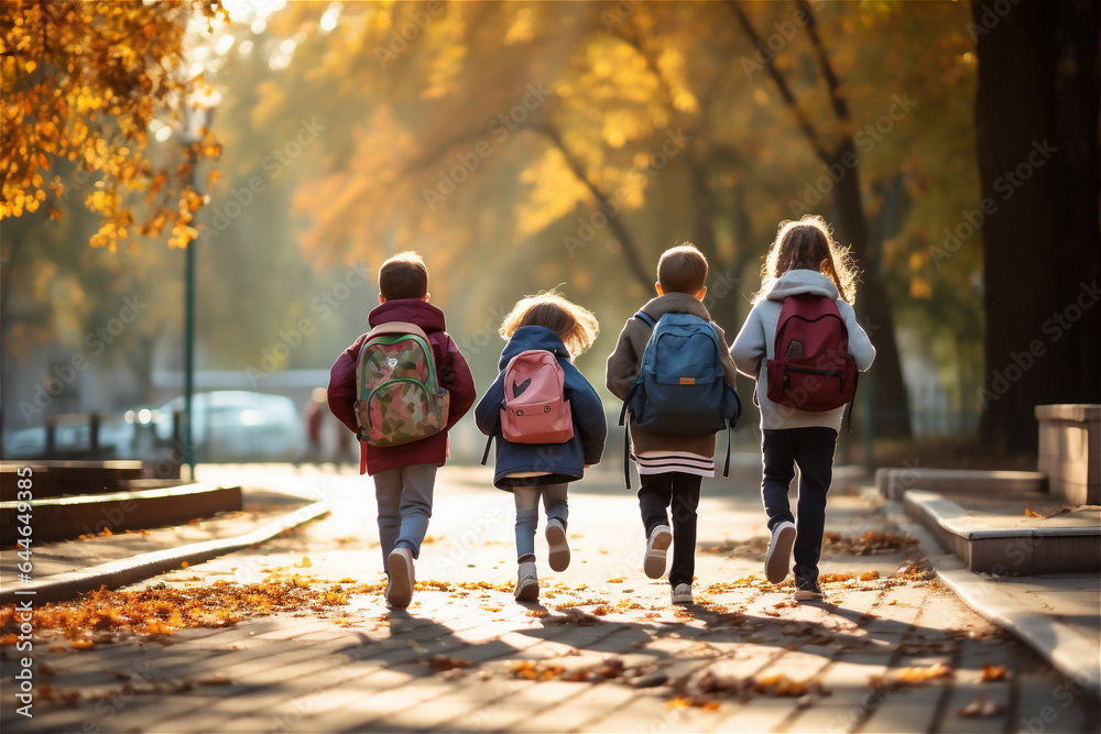 Little kids running to school in autumn. Welcome back to school. The ...