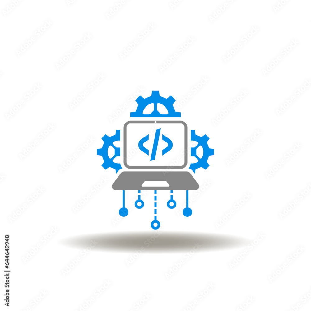 Vector illustration of laptop with code and gears, circuit pattern. Icon of API Application ...