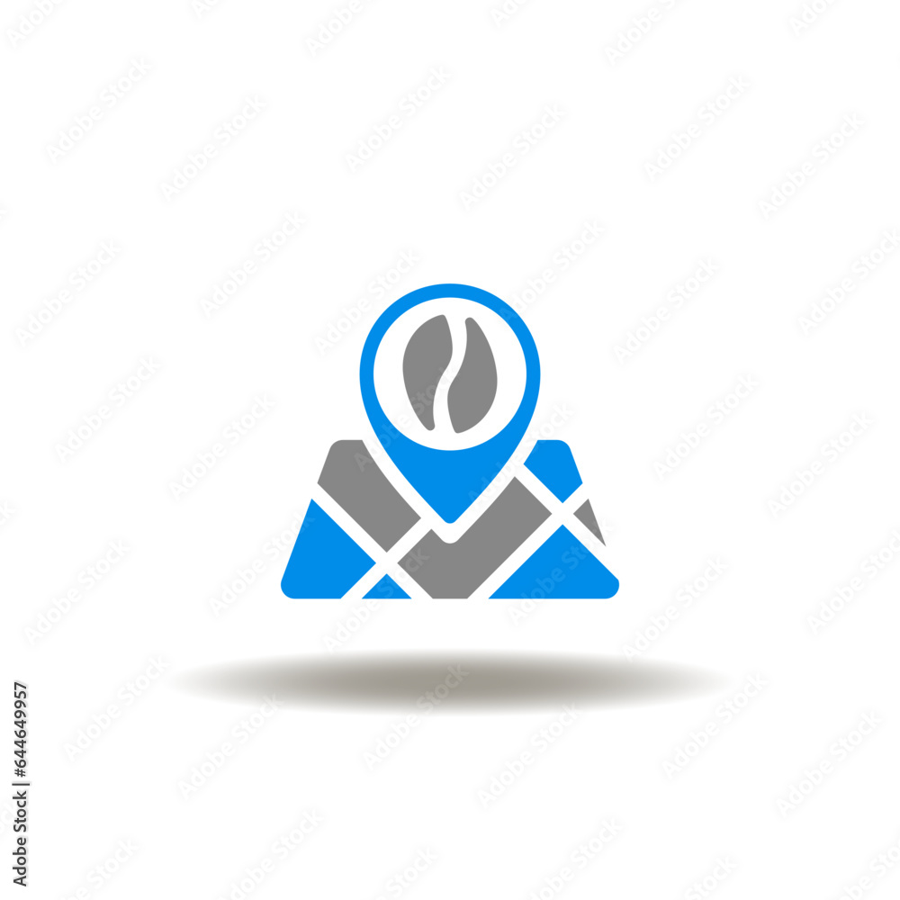 Vector illustration of coffee bean and location pointer with map. Icon ...